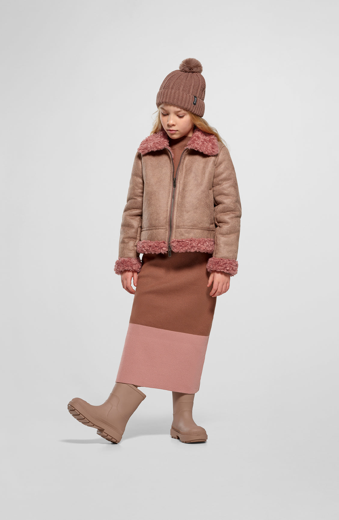 Long bi-material girl's coat in faux fur | Bomboogie