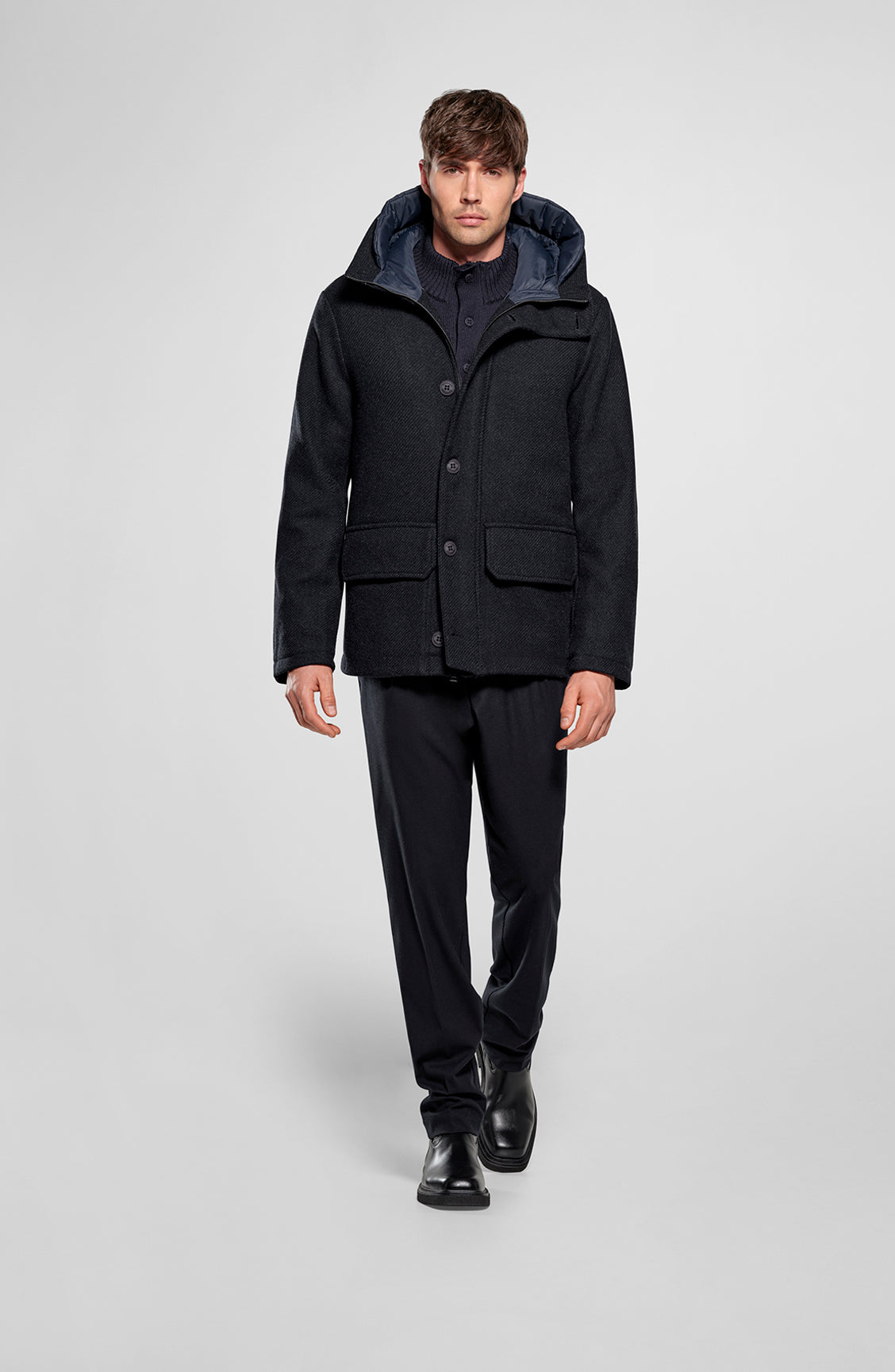 Short bomber jacket in herringbone wool blend | Bomboogie